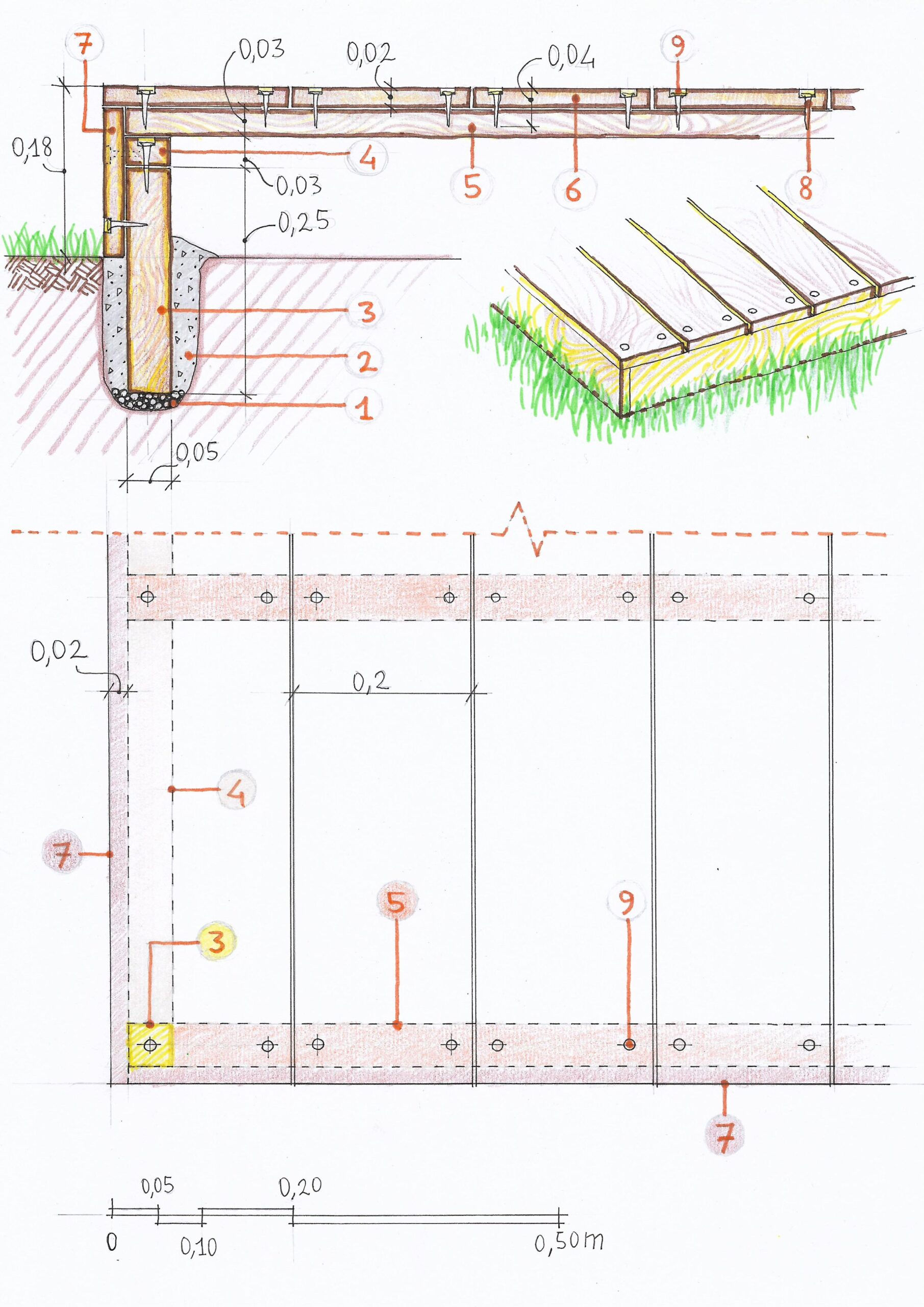 WOODEN DECK CONSTRUCTION DETAILS: installed on land - MaNi sketcher