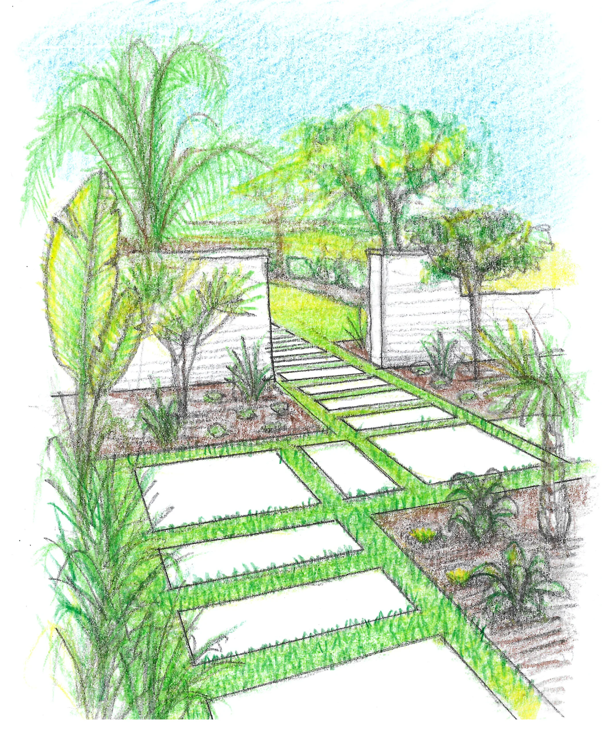 Concrete and grass strips flooring: details and construction