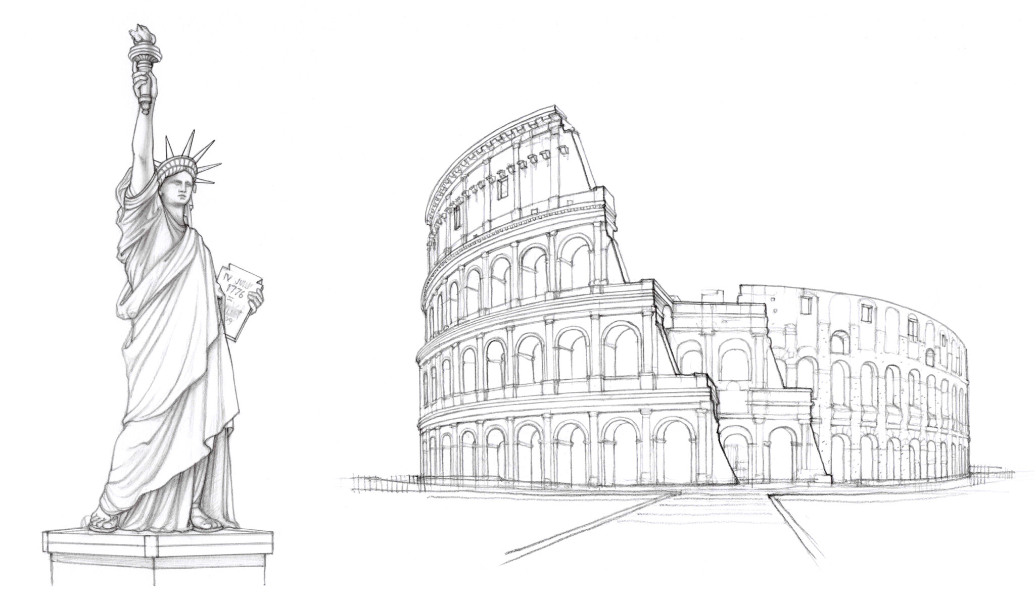 Landmarks and buildings hand-drawn illustrations